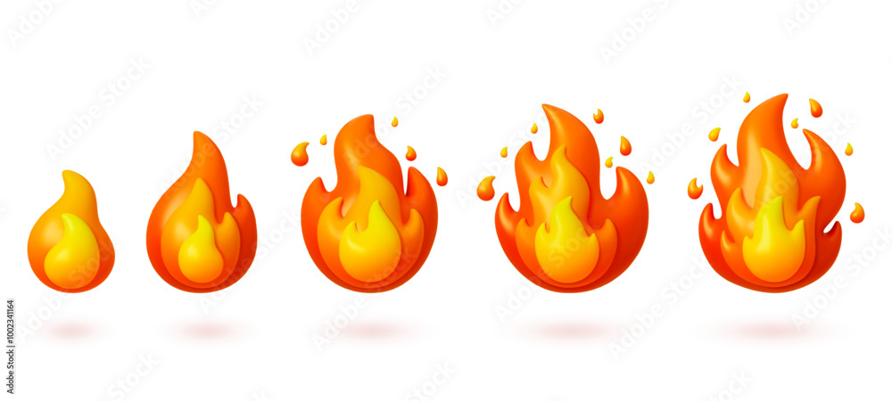 3d fire flames. Fires flares up step by step. Gas power symbols, lights ...