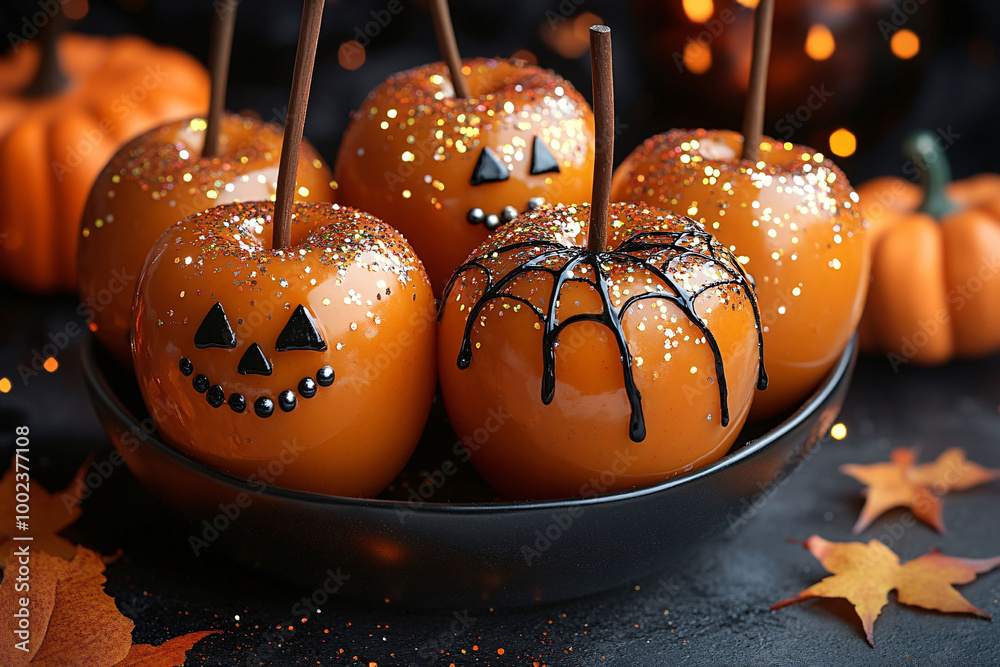 Photo Stock Caramel apples designed for Halloween are placed in a black ...