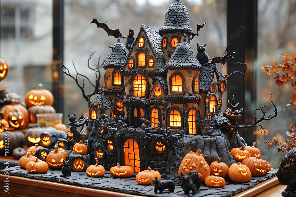 This miniature Halloween village features a haunted house, glowing jack ...