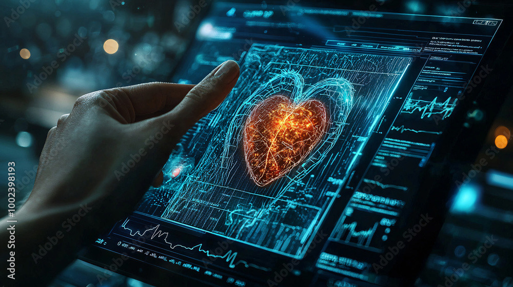 Digital portal with a heart graph and cardiology report, illustrating ...