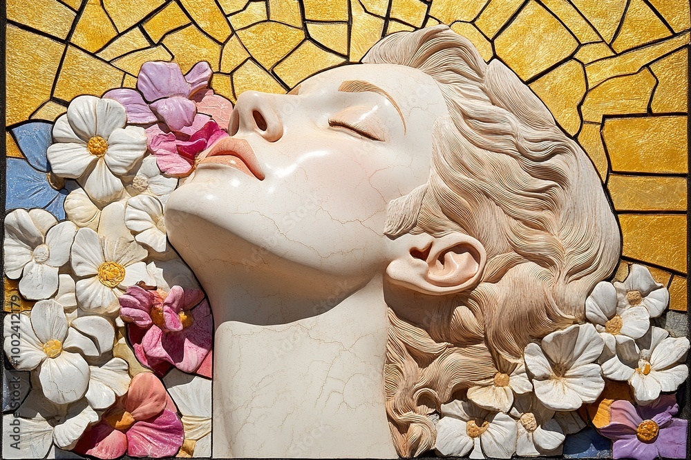 Art Nouveau. Woman face bas relief sculpture with flowers and golden ...