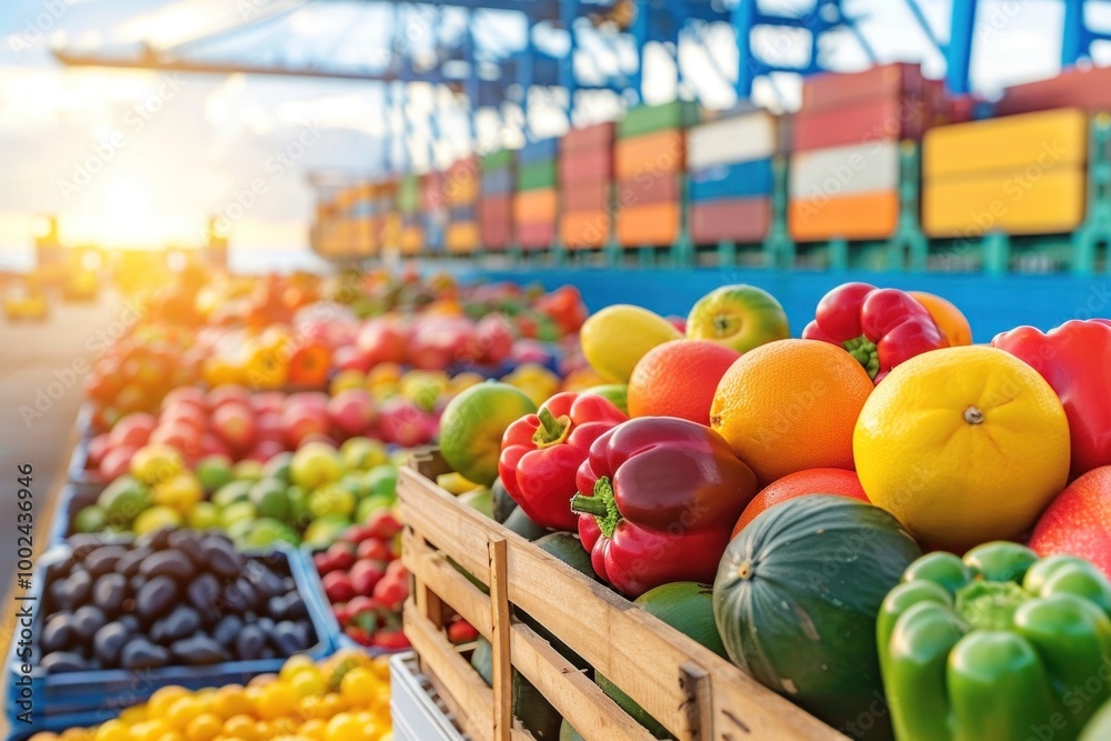 Vibrant fresh produce in crates at a busy shipping port at sunset ...