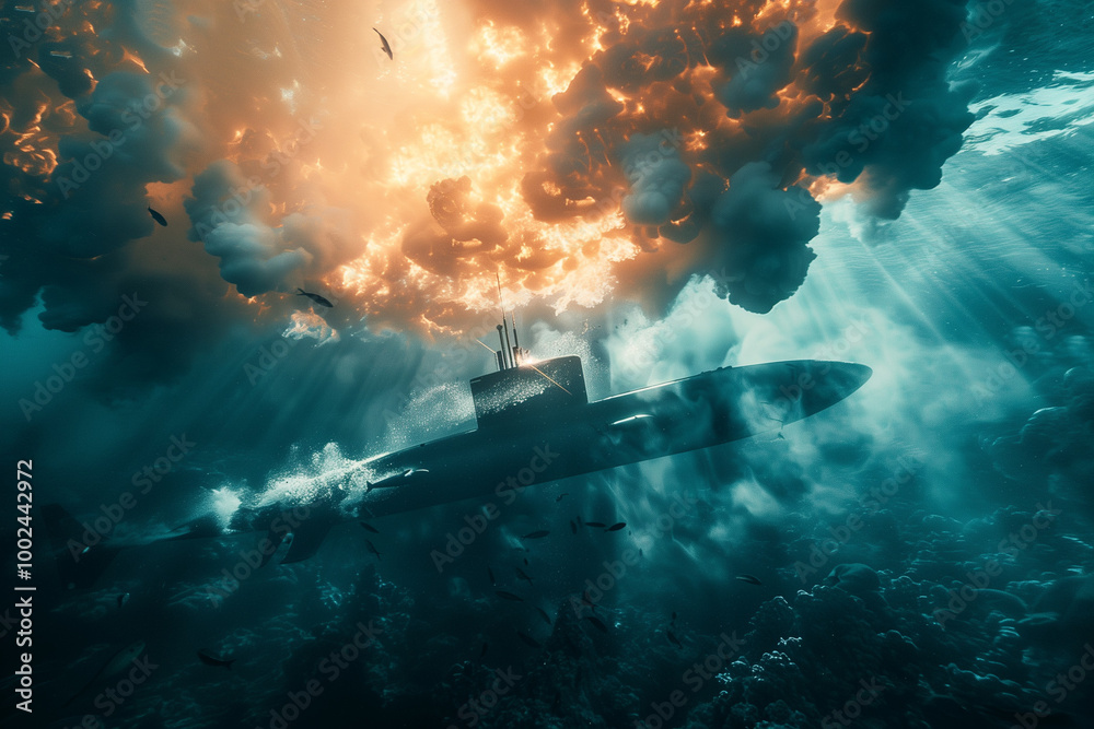War Submarine Engaged in Combat Underwater Demonstrating Covert Warfare ...