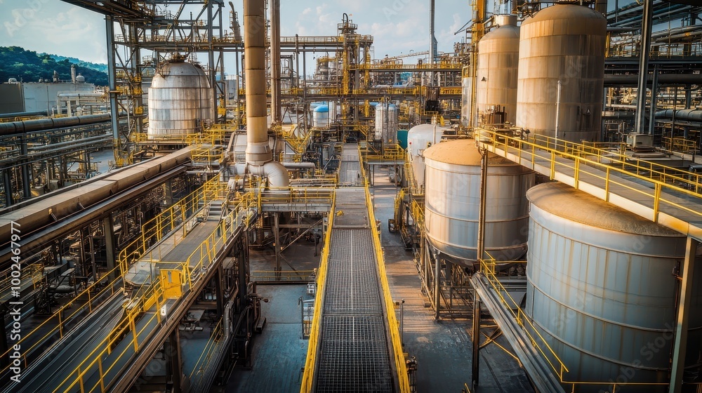 Industrial facility with large storage tanks and pipelines, showcasing ...