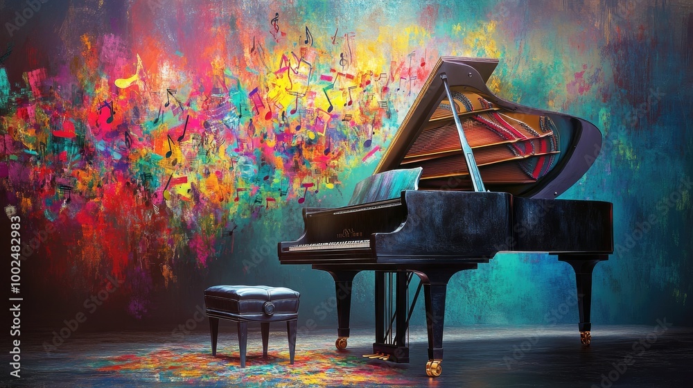 Colorful musical notes rising from a grand piano, celebrating the ...