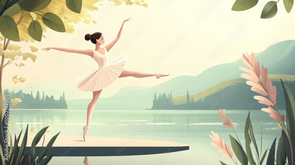 Ballet dancer on pointe shoes performing at a serene lake illustrated ...