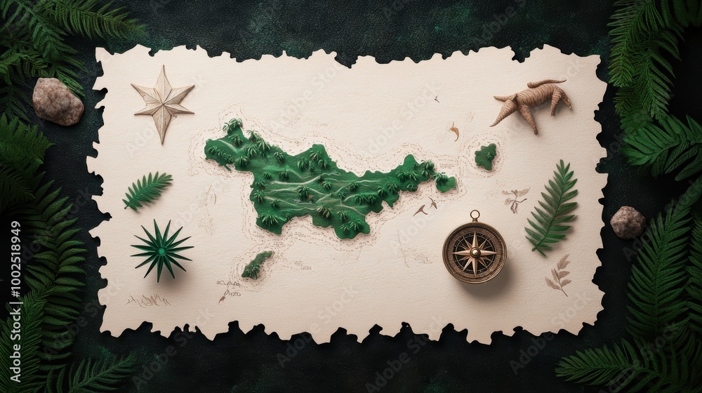 A map with a compass pointing to a newly discovered island, surrounded ...