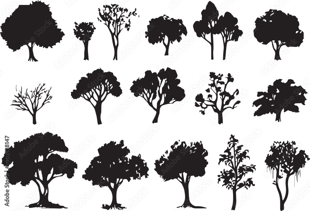 Silhouette tree set. Side view, set of graphic trees elements outline ...