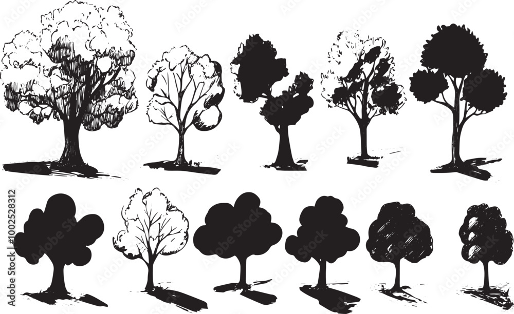 Silhouette tree set. Side view, set of graphic trees elements outline ...
