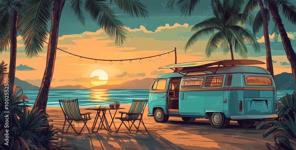 Relaxing beach sunset with a vintage camper van, palm trees, and dining ...