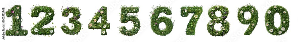Green grass numbers decorated with flowers, isolated on transparent ...