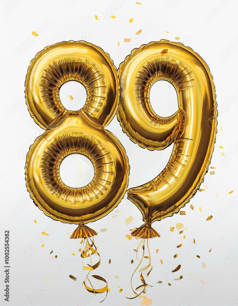 Gold birthday / anniversary balloon, number 89, white background with ...