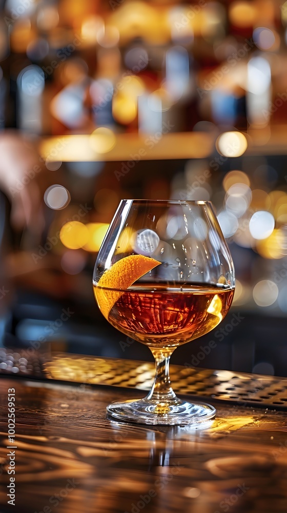Elegant Brandy Snifter on Blurred Bar Counter with Crafted Cocktails ...