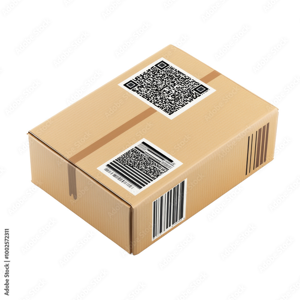 Brown box with shipping labels and QR codes Stock Photo | Adobe Stock