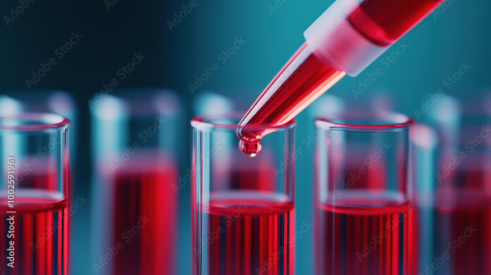 Close up of pipette carefully transferring red liquid into test tubes ...