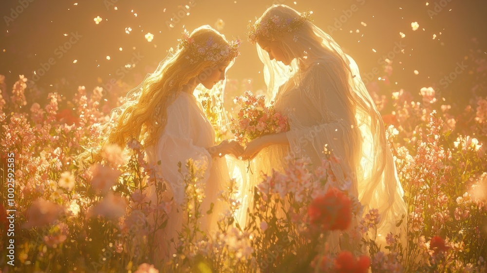 Mother Goddess Demeter and Daughter Persephone Embracing in a Floral ...