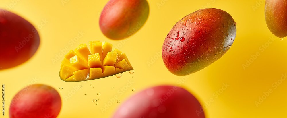 Cut ripe mangoes on a bright yellow color background, advertisement ...