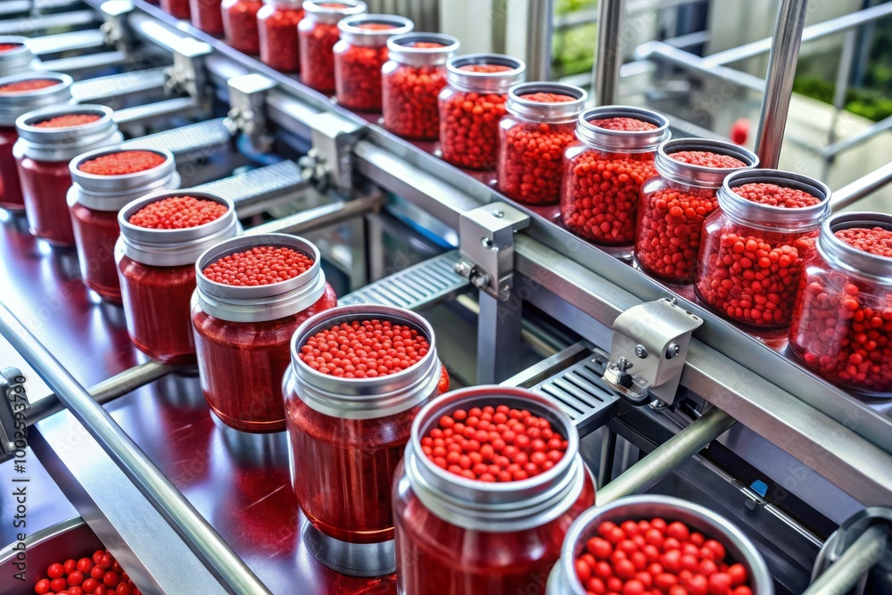 Jar Filling with Red Tablets on a Pharmaceutical Packaging Line in a ...
