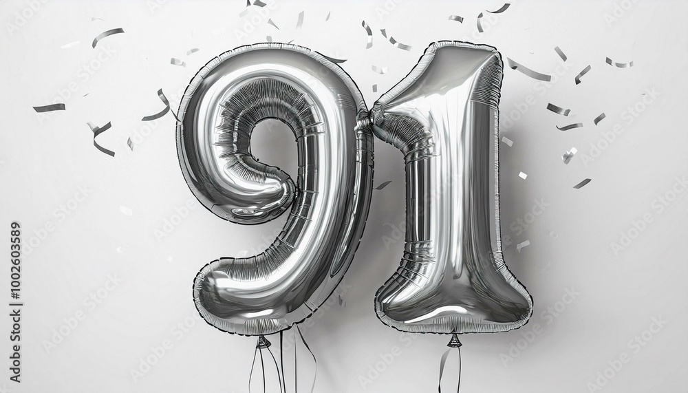 Silver birthday / anniversary balloon, number 91, white background with ...