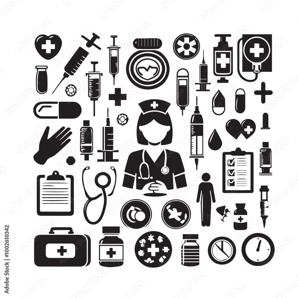 Nursing elements black vector black color silhouette white color ...