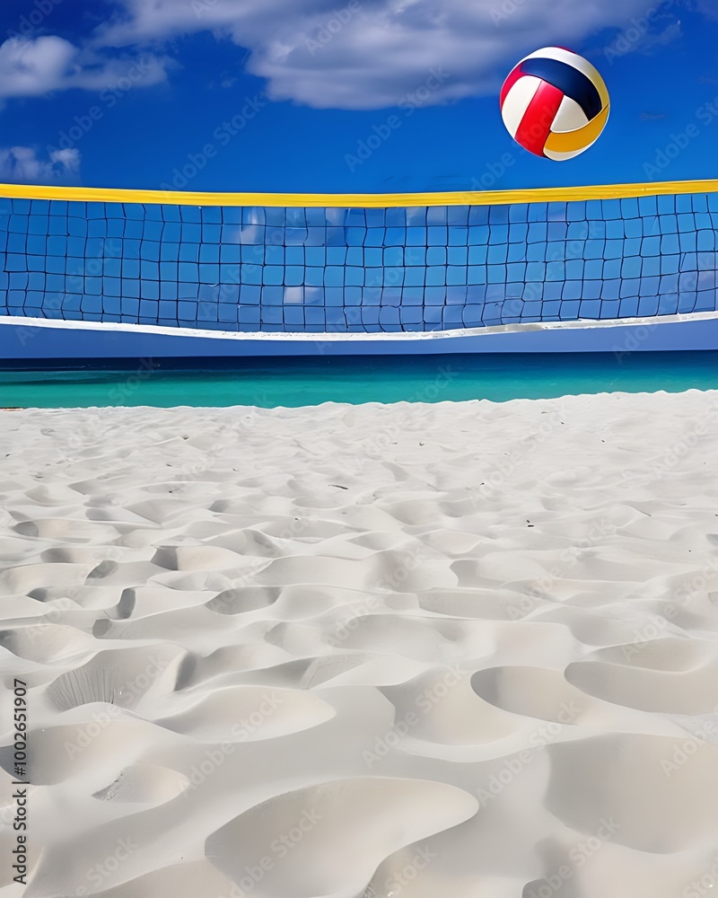 Beach volleyball ball floating above net on the beach with blue sky ...