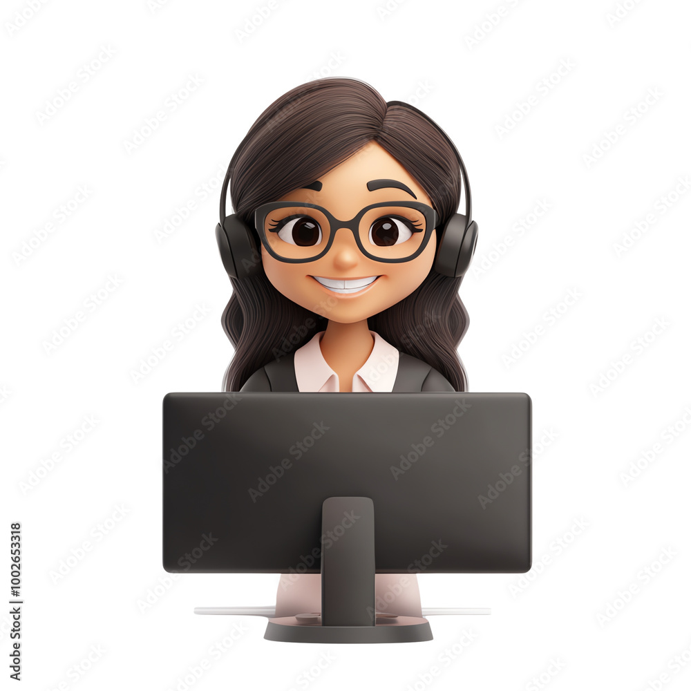 Female character with headset, smiling, working at a computer, white ...