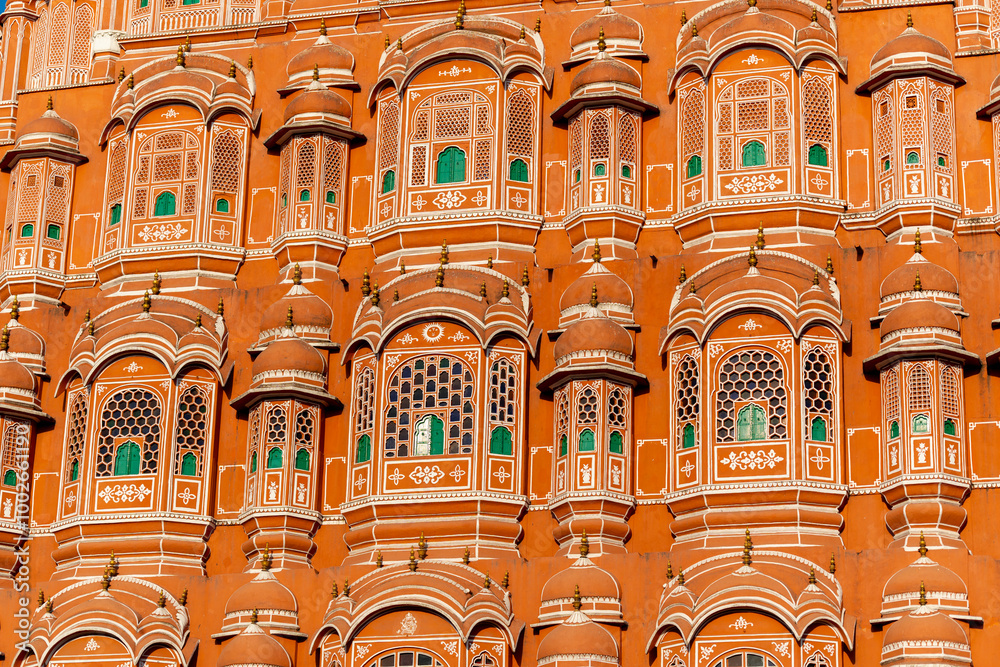 a close-up view of the intricate facade of the Hawa Mahal in Jaipur ...