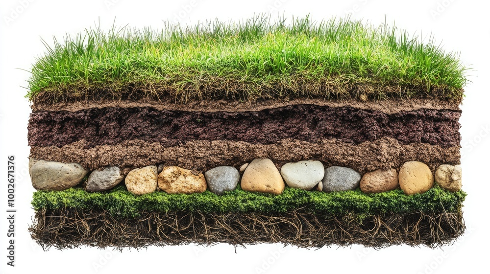 Grass and earth cross-section with distinct layers of topsoil, subsoil ...