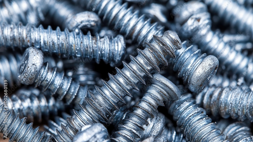 Screws stacked together in a pile, captured in a close-up with clear ...