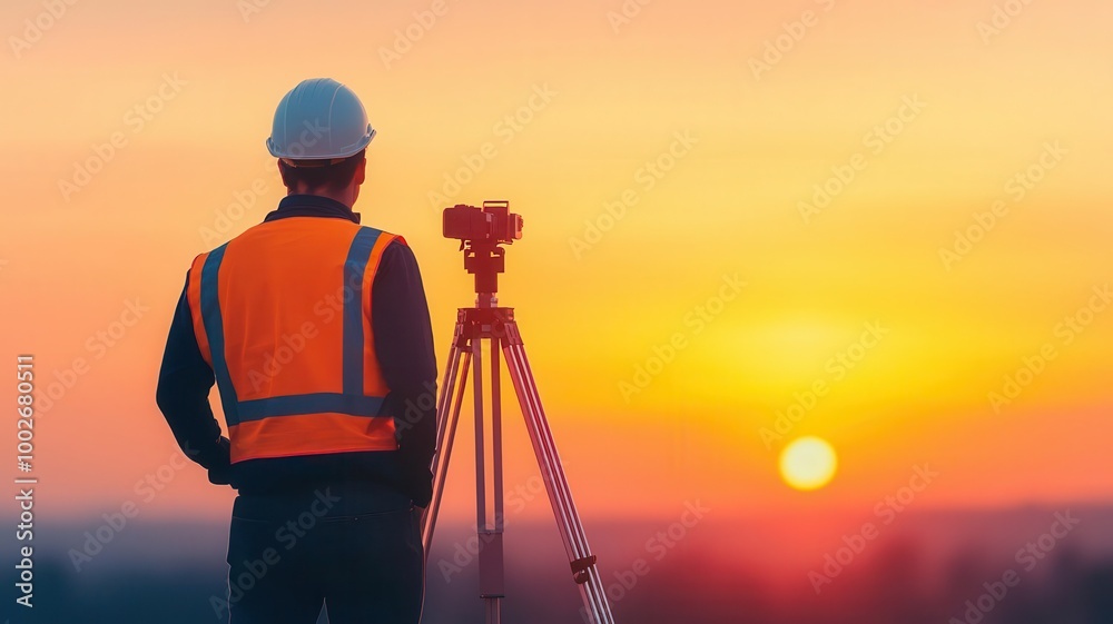 Stock-Foto „Silhouette of an engineer standing next to surveying ...