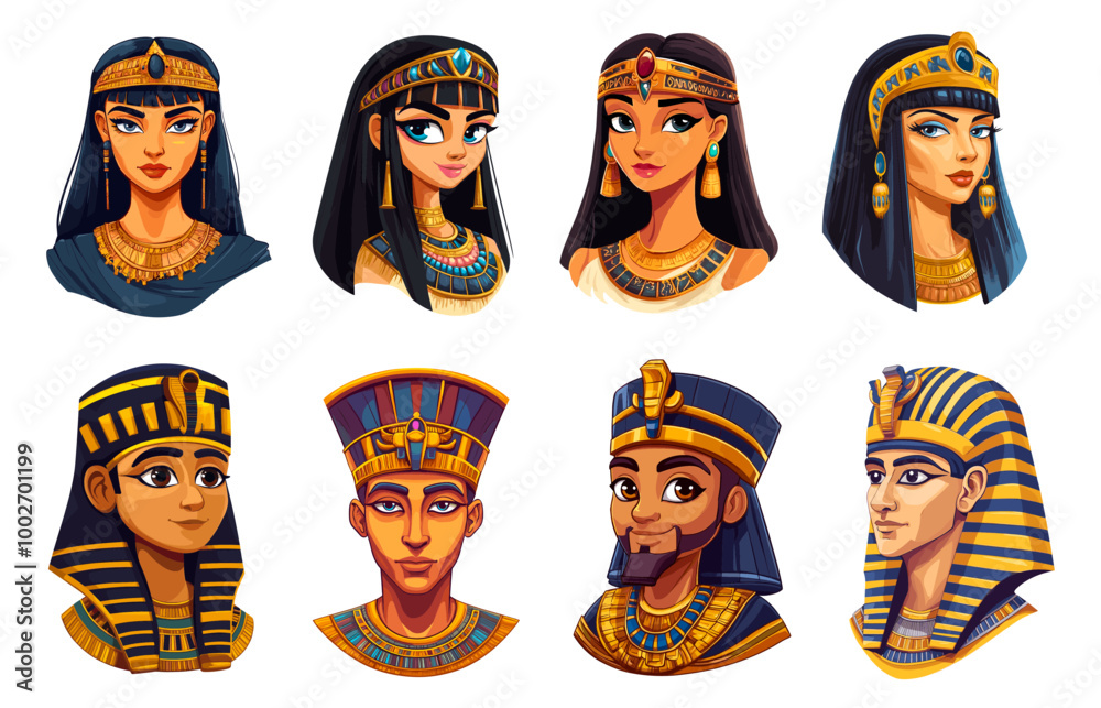 Pharaoh Cleopatra cartoon portraits. Egyptian king and queen face head ...