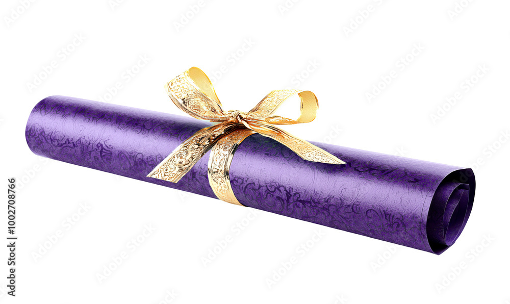 Elegant purple scroll with a golden ribbon, invitations isolate on ...