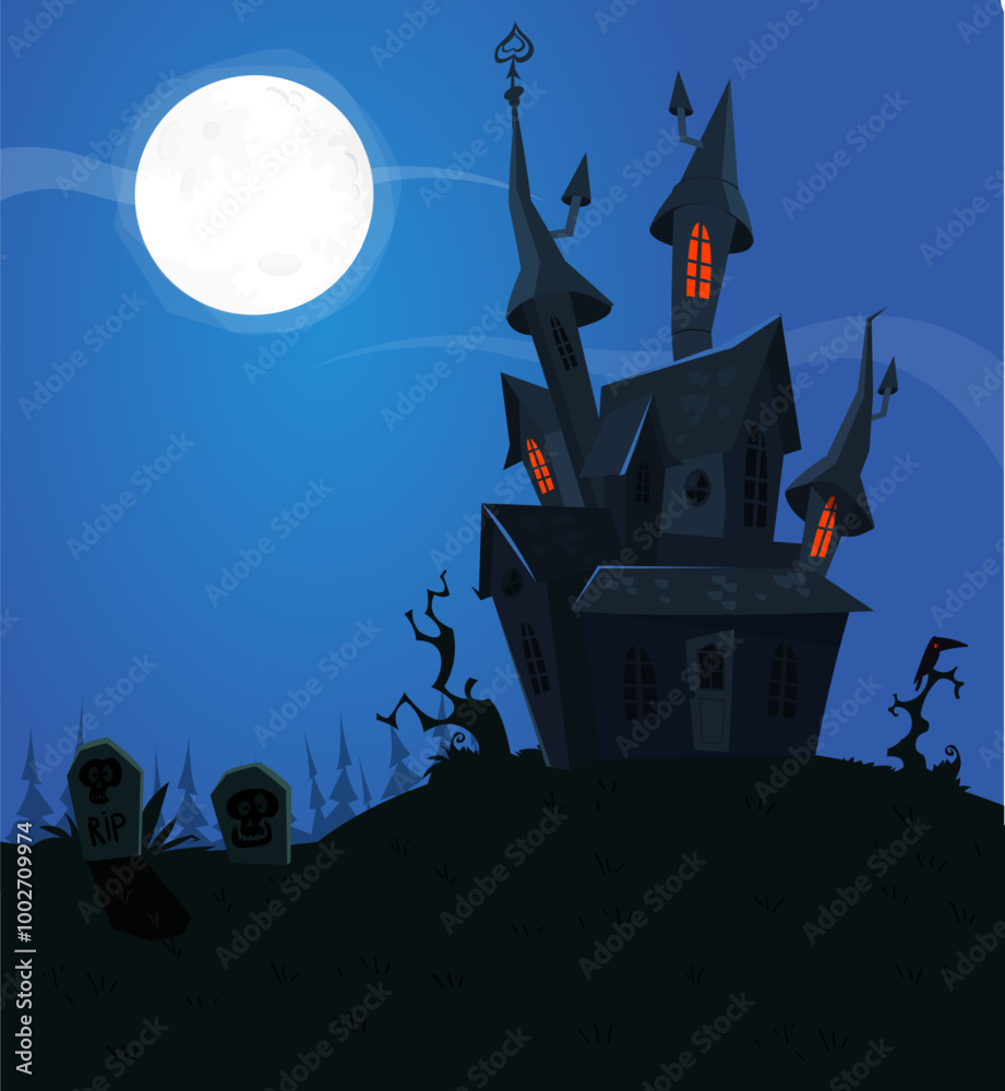 Halloween haunted house cartoon illustration. Vector horror scary mansion on the night ...