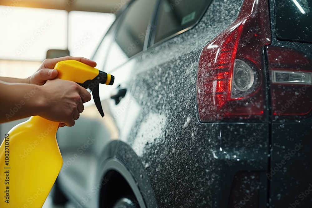 Car wash detailing process with cleaning spray bottle and foamy ...
