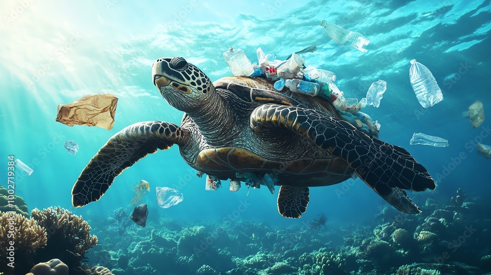 Sea turtle swimming amidst ocean pollution and plastic waste ...