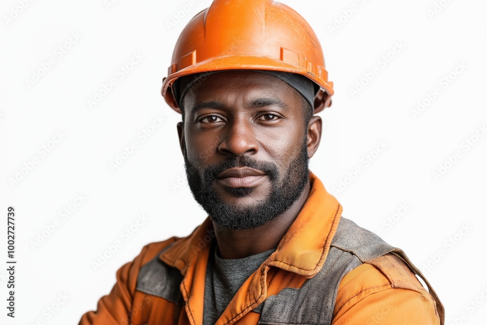 Ouvrier en portrait dans son uniforme orange. Travaux ou sécurité ...