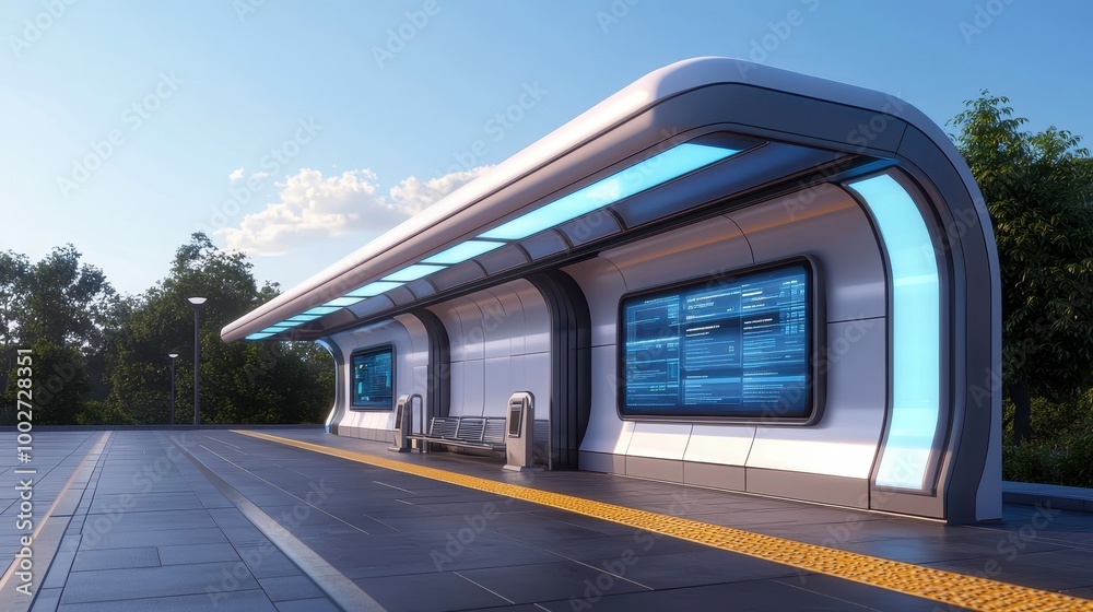 A futuristic bus stop with holographic schedules, AI-controlled buses, and solar-powered ...