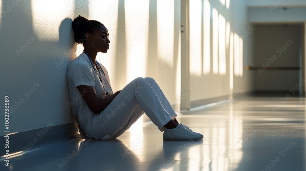 Exhausted black nurse sitting on hospital floor reflects burnout and ...