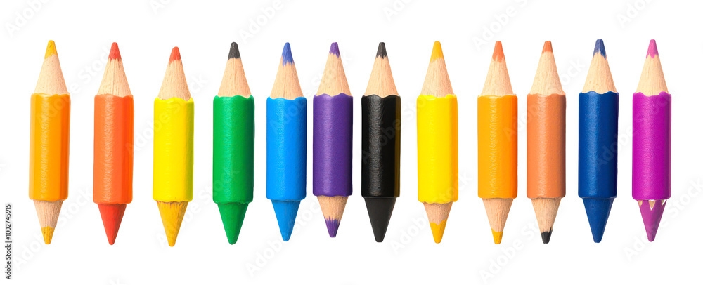 Collection of colored pencils arranged in a straight line isolate on ...