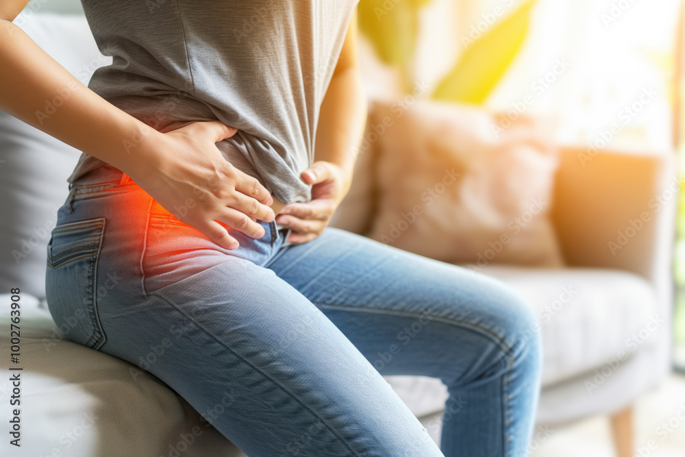 Hip dysplasia, joint inflammation, woman suffering from pain at home ...