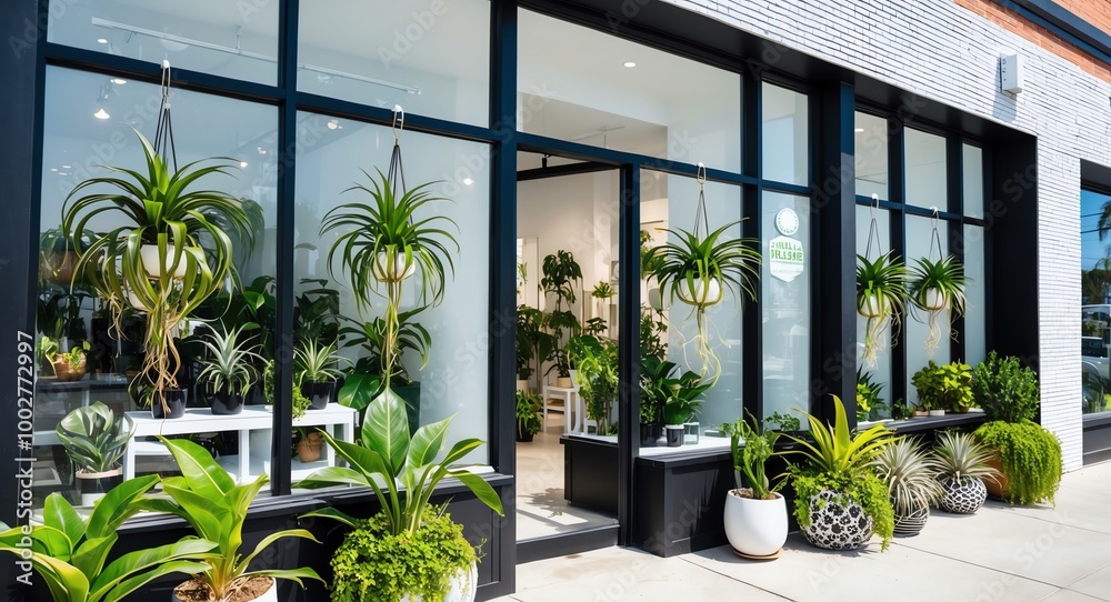 Contemporary plant nursery storefront with clean glass windows tropical ...
