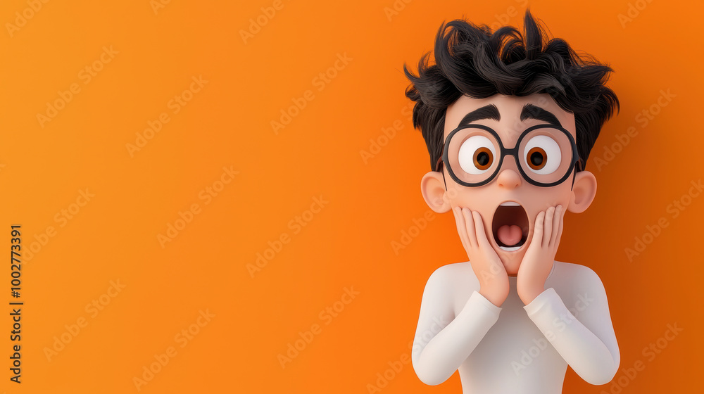 3D cartoon character with a shocked face, A surprised animated ...