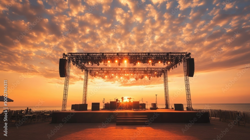 An outdoor concert stage set up at sunset, no audience, ample copy ...