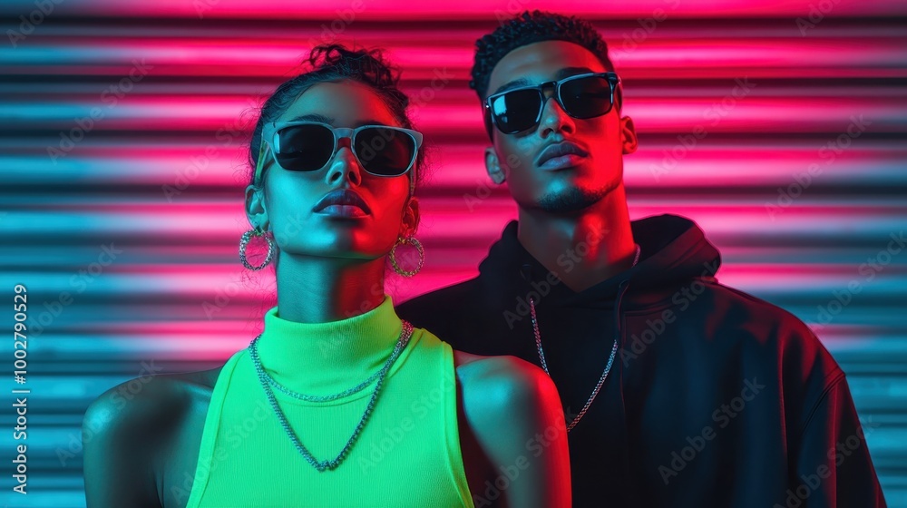 Looking cool and composed, a stylish duo poses against a bold neon red ...