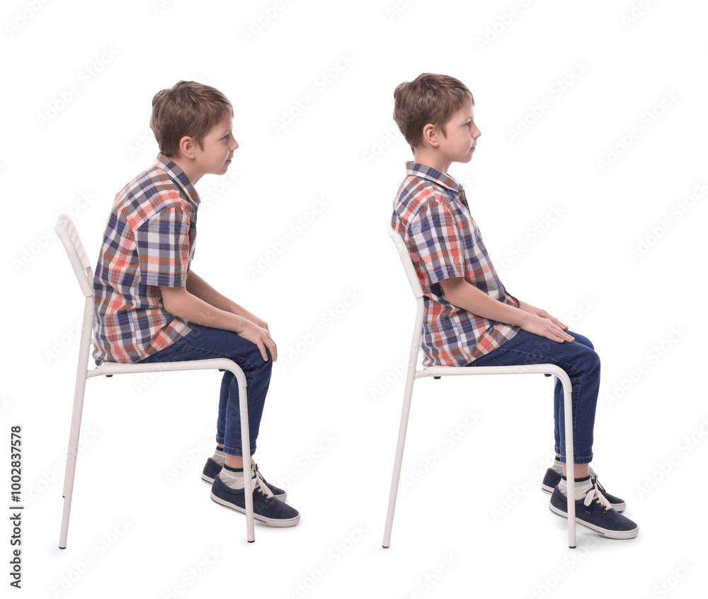 Good and bad posture, collage. Boy sitting on chair against white ...