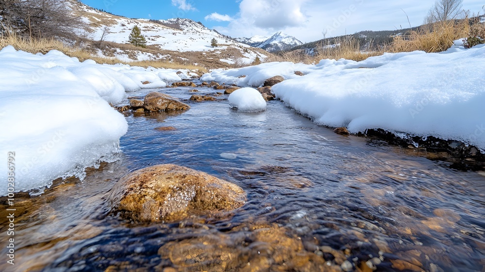 Seasonal water transformation Snow melting into a mountain stream ...