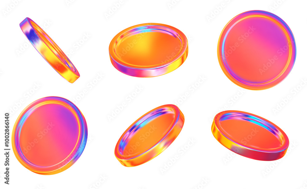 3D set holographic or neon coins with different angles. Symbol of gold ...
