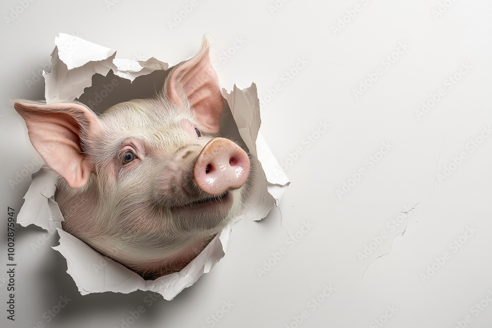 Adorable pig poking its head through a torn paper wall, symbolizing ...