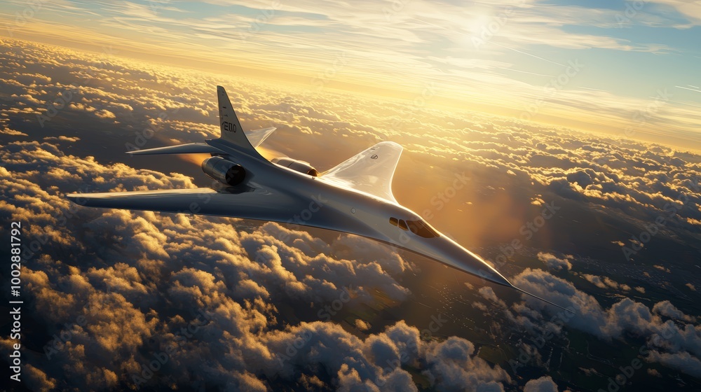 Supersonic aircraft with a sharp, aerodynamic shape flying at high ...