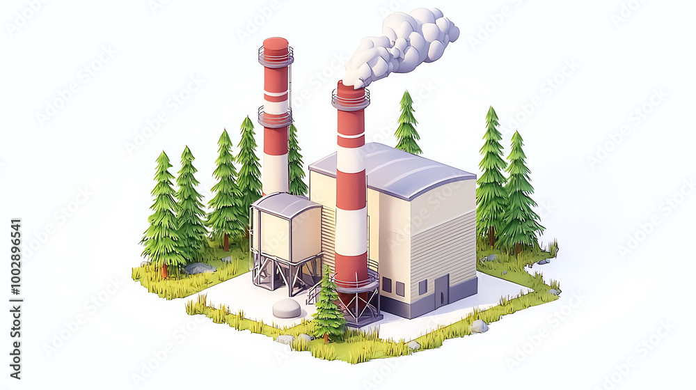 Isometric 3D model of a modern power plant, clean white background ...